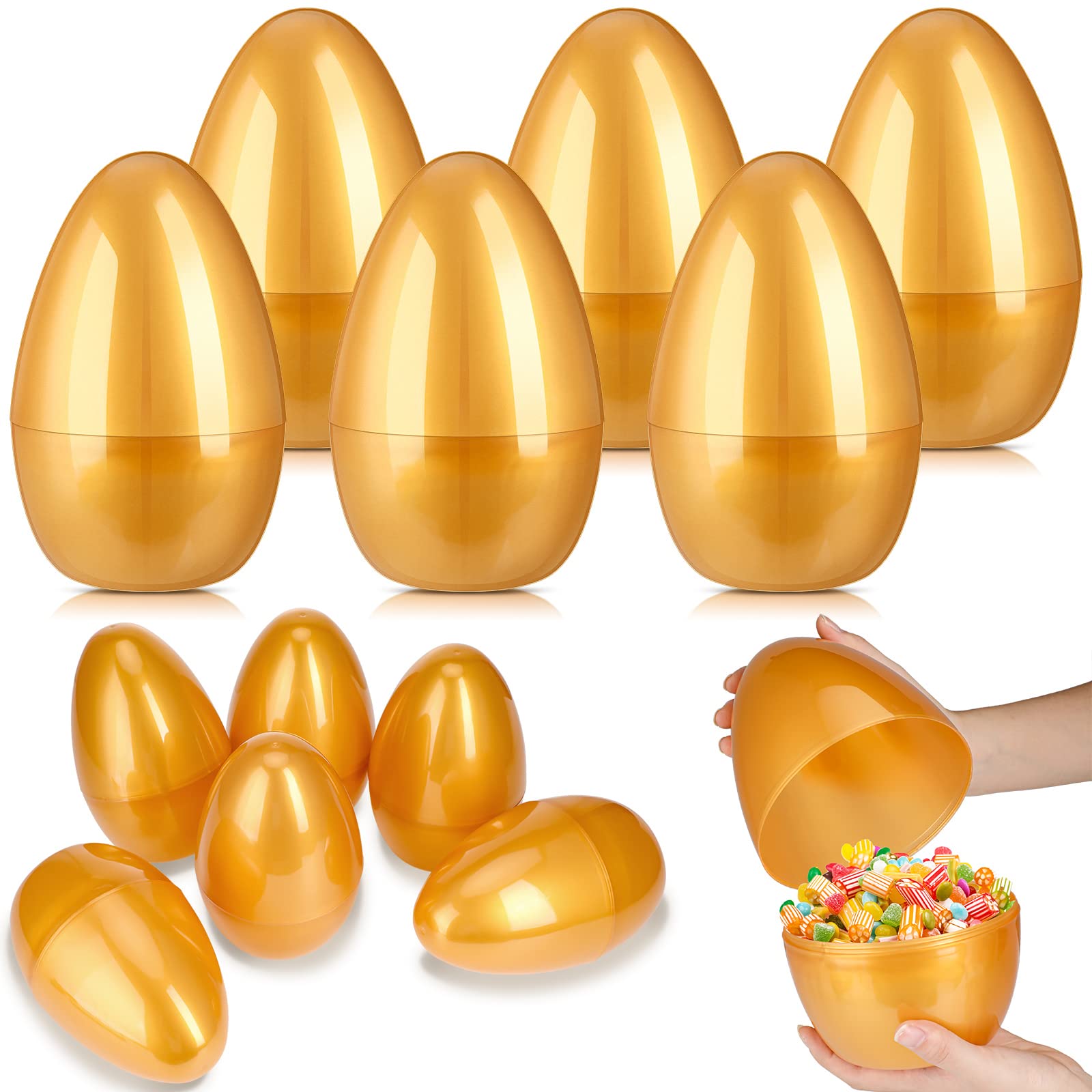 24 Pcs 8'' Jumbo Plastic Easter Eggs Big Fillable Easter Eggs Large Empty Bright Easter Hunt Surprise Eggs for Teens Hunt Game Holiday Party Supplies Basket Fillers Toy Outdoor Decorations (Gold)