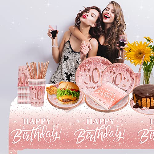 30th birthday decorations for women her - (Total 121pcs) rose gold Birthday supplies Plates and Napkins, Cups, Straws, tablecloth, Disposable Tableware for 24 Guests