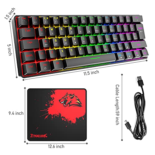 60% True Mechanical Gaming Keyboard Ultra-compact with 20 Rainbow Backlit Type C Wired Programmable 62 Keys Tactile Blue Switch Waterproof Non-Conflict and Gaming Mouse Pad for PC/Laptop/PS5(Black)