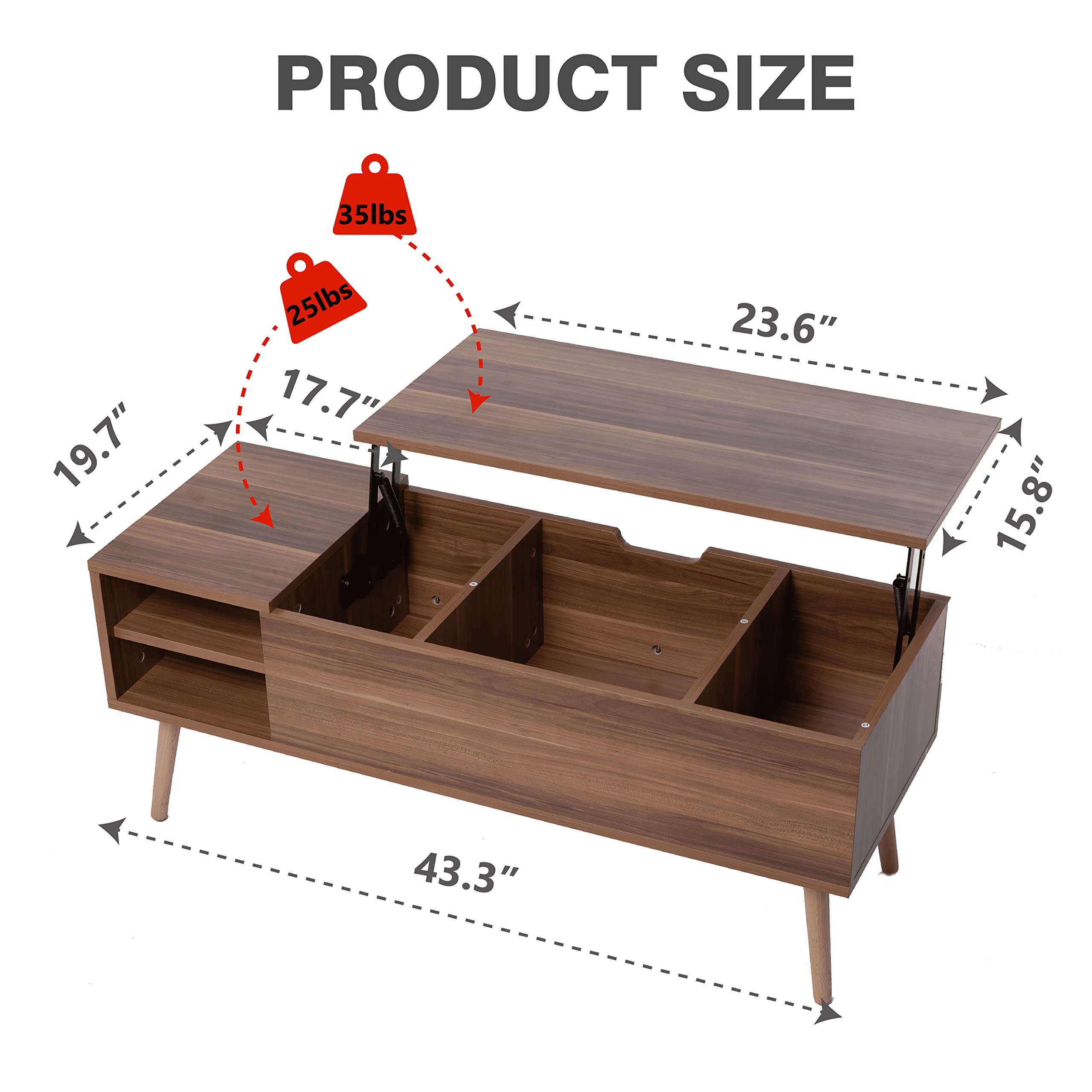 ARMCONE Lift Top Coffee Table with Storage, Mid Century Coffee Table for Living Room, Rustic Coffee Table Large Modern Wooden Table with Wood Legs, 41"x20"18", Walnut