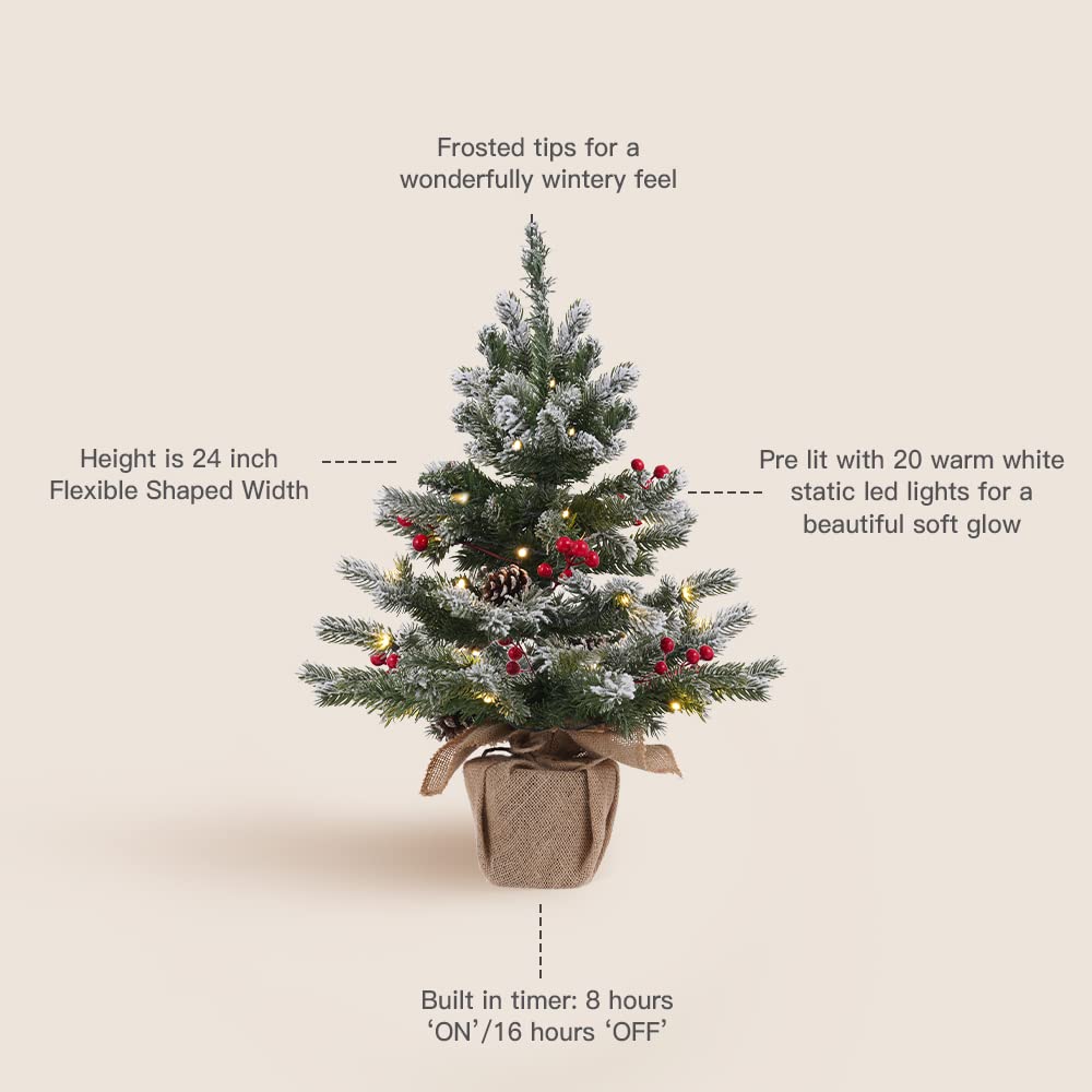 24 Inch 2 FT Pre-lit Snowy Mini Christmas Tree, DECSPAS Small Tabletop Flocked Christmas Tree with 20 LED Lights Red Berries Pine Cones and Cloth Bag Base Xmas Decorations for Holiday Party Home