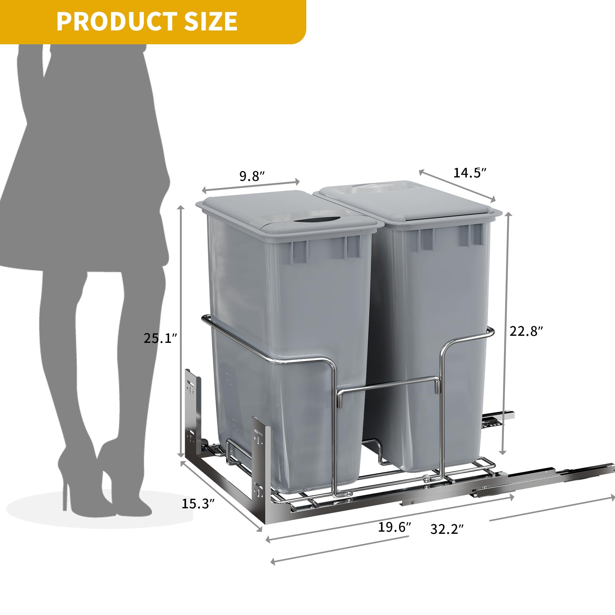 50-Quart Pull-Out Trash Can with Lid Double Bins, Sliding Under Mount Kitchen Pullout Waste Container Trash Can, Gray