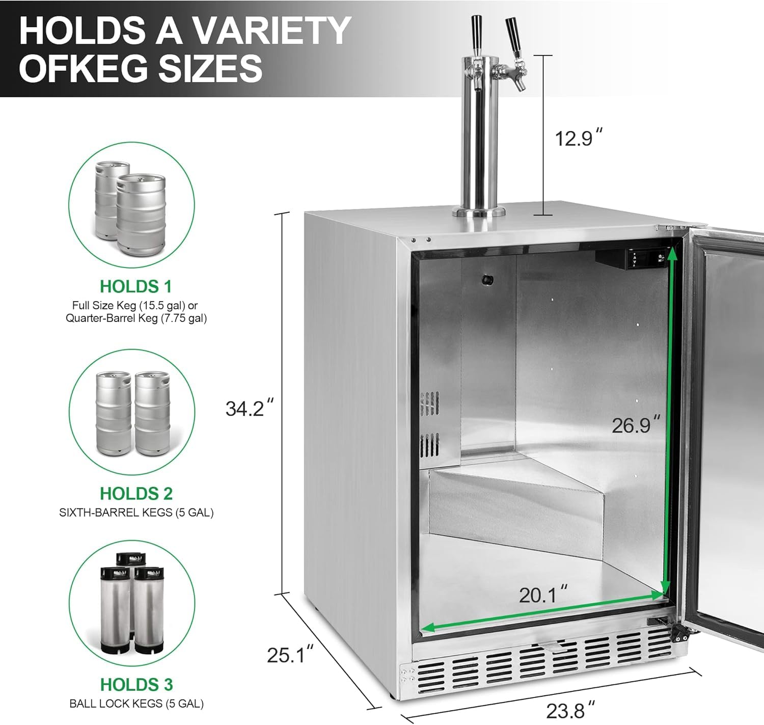 24 inch Full Size Kegerator Universal Outdoor Beverage Refrigerator Dual Tap Draft Beer Dispenser Beverage Beer Cooler Temperature Control Drip Tray Rail Fits 3x5 Gallon 2x1/6 Kegs Half Barrel Keg