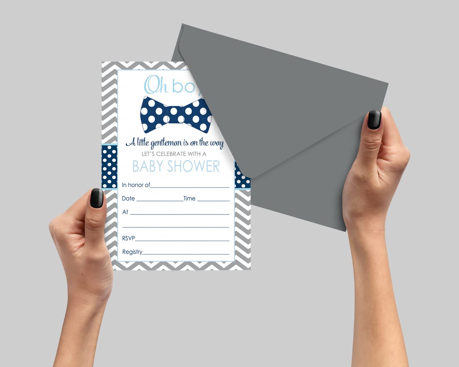 Bow Tie Baby Shower Invitations with Envelopes (15 Pack) Blank Invites for Boys Parties - Little Man Theme Blue and Grey – Blank Invite to Handwrite Custom Details - 4x6 Printed Card Set