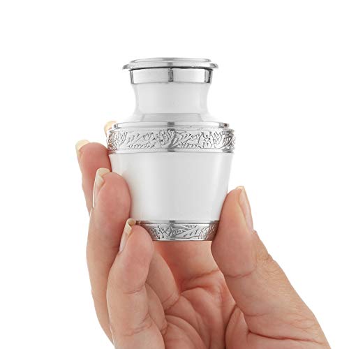 Reminded Small Cremation Urns for Human Ashes, Mini Keepsake Set of 4 White and Silver with Velvet Case