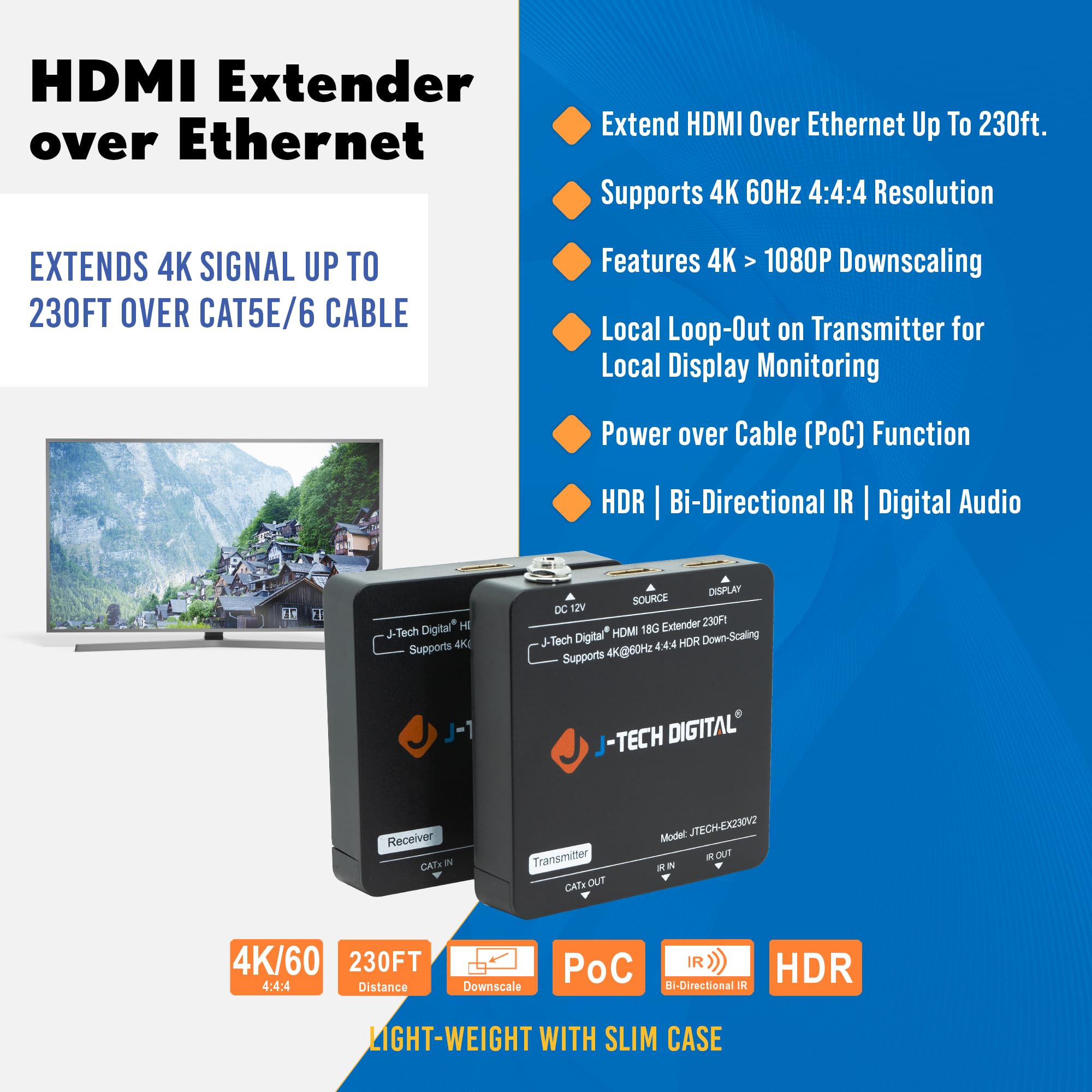 J-Tech Digital HDMI Extender 4K 60Hz Over Cat5e/6 Ethernet Cable Up to 230ft. Supports 4K Downscale HDMI Loop Out PoC HDR Bi-Directional IR [JTECH-EX230V2]