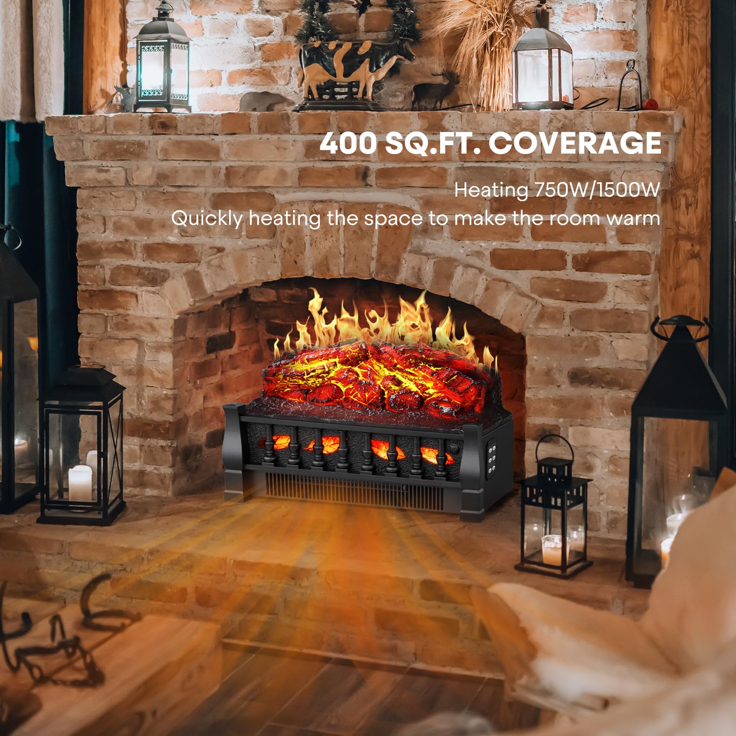 20" Electric Fireplace Heater with Realistic Flame Remote Control for Indoor Use, 750W/1500W Power Smoldering Logs, Black