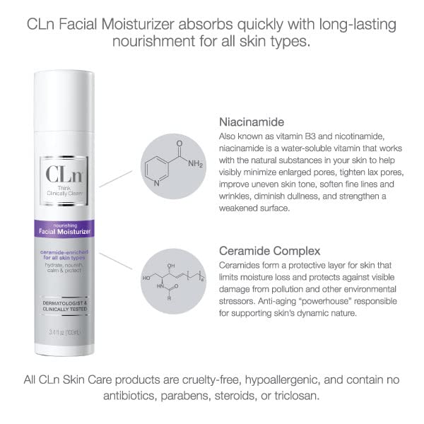 CLn® Facial Moisturizer - Soothes & Calms Skin, Helps Reduce Appearance of Redness, Locks in Moisture without Clogging Pores, Dermatologist & Clinically Tested, 3.4 oz.