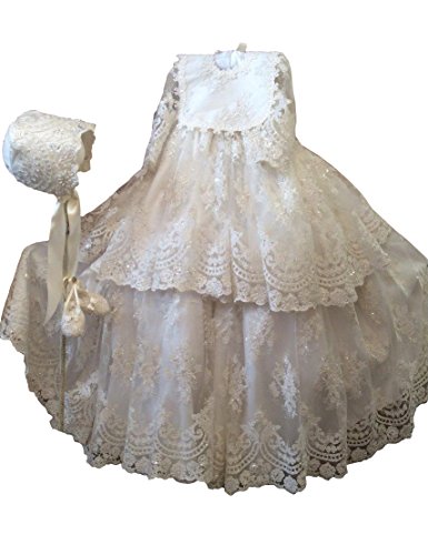 Aorme Ivory Lace Beading Christening Dresses for Girls Baptism Gowns with Bonnet