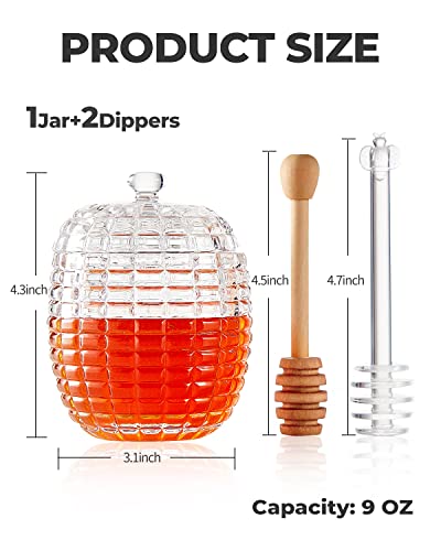Ahoo Glass Honey Jar,Dispenser Honey Pot Containers with Wooden Dipper Stick Set and Lid,Storage Honey Holder Bottle