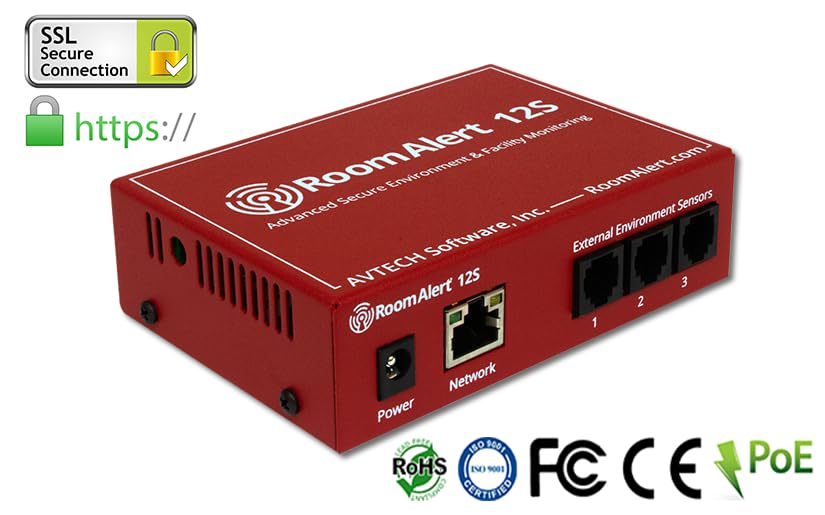 Room Alert 12S Advanced Proactive Environment Monitor β Built-in Temperature Sensor, Supports SSL/TLS, 2048-bit Encryption, SNMP v3, 12 Sensors, 24/7 Alerting & Reporting, Made in USA