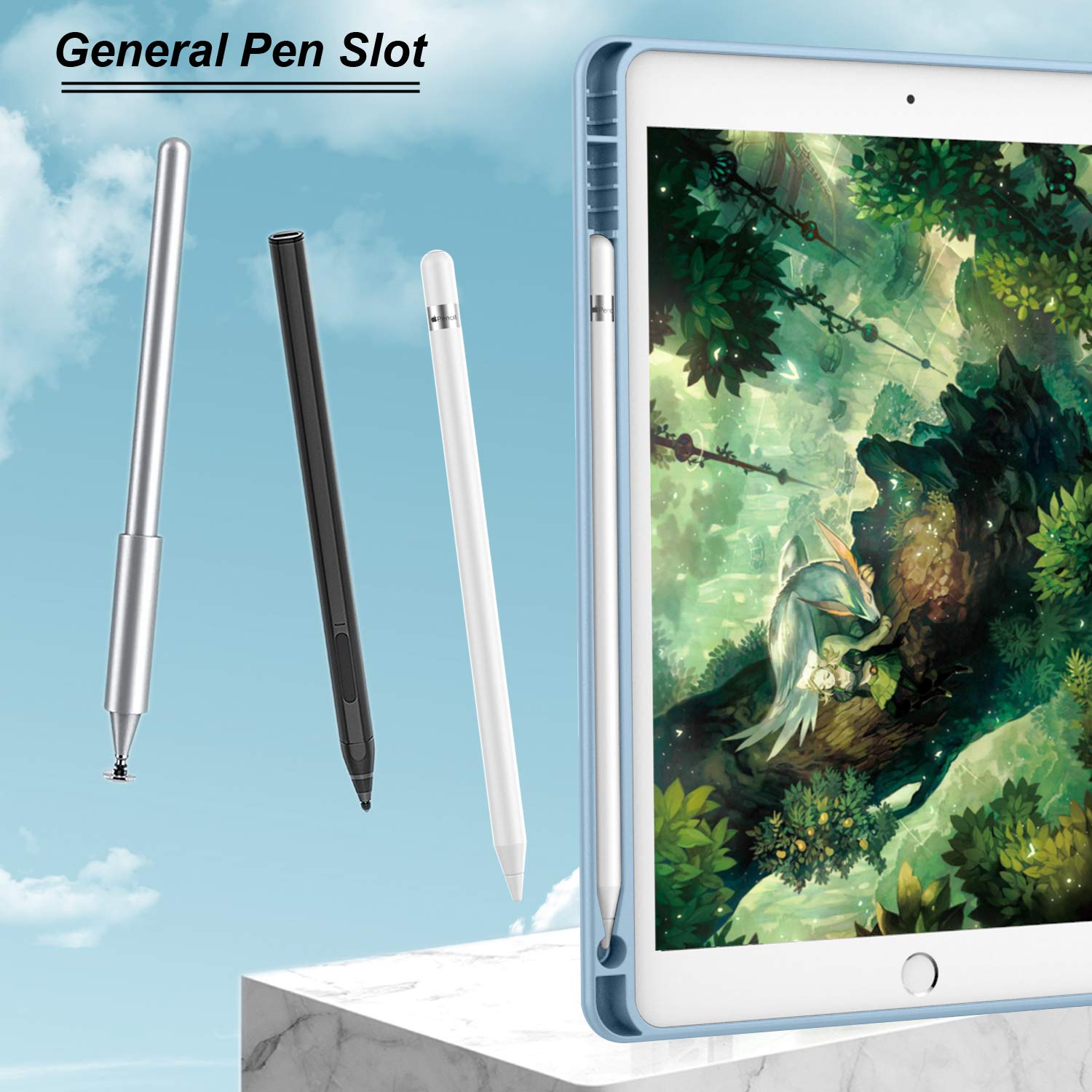 iMieet iPad 9th Generation Case 2021/iPad 8th Generation Case 2020 10.2 Inch with Pencil Holder, iPad 7th Gen 2019 Case with Soft Baby Skin Silicone Back, Auto Wake/Sleep Cover (Sky Blue)
