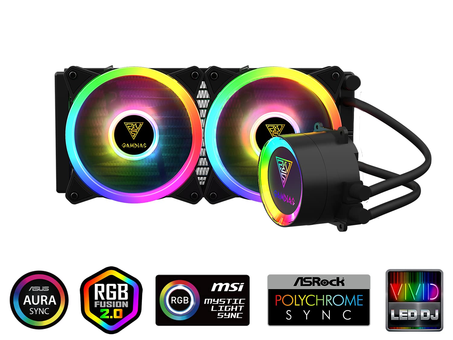 Gamdias CPU Liquid Cooler 240mm RGB for Gaming PC, Computers with 2 PWM Dual Ring RGB Fans, AIO Lighting Cooling Kit, All-in-One CPU Water Cooler with Radiator, Remote and Hub