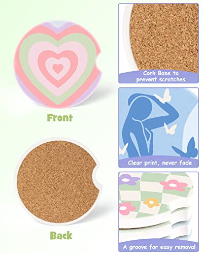 8pcs Danish Pastel Car Coasters 2.56 inches Car Cup Holders Absorbent Ceramics with Finger Notch Drinks Coasters Cork Base Aesthetic Smiling Face Flowers Preppy Boho Cute Car Accessories for Women