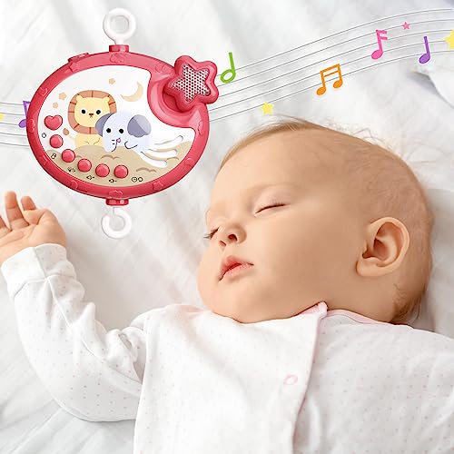 Baby Musical Crib Mobile with Light and Projector, Mobile for Crib with Remote Control & Timming Function, Rotating Hanging Rattles Toy for Newborn(Red)