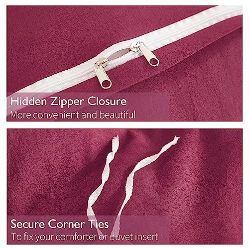 Andency Pom Pom Fringe Duvet Cover Queen Size (90x90 Inch), 3 Pieces (1 Solid Burgundy Red Duvet Cover, 2 Pillowcases) Soft Washed Microfiber Duvet Cover Set with Zipper Closure, Corner Ties