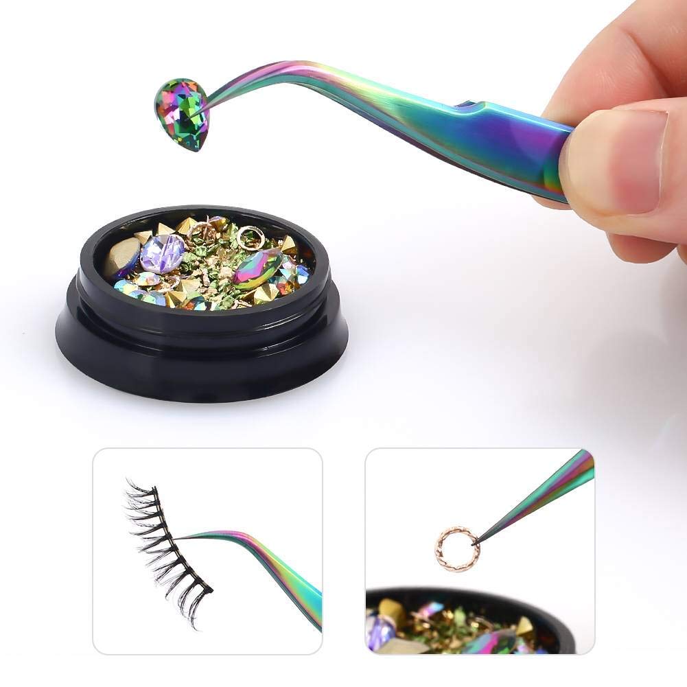 Aysekone 2 Pcs Rainbow Stainless Steel Curved Tweezers + Straight Tweezer for Rhinestones Picker Eyebrow Eyelash Tweezers Manicure Nail Art Tools