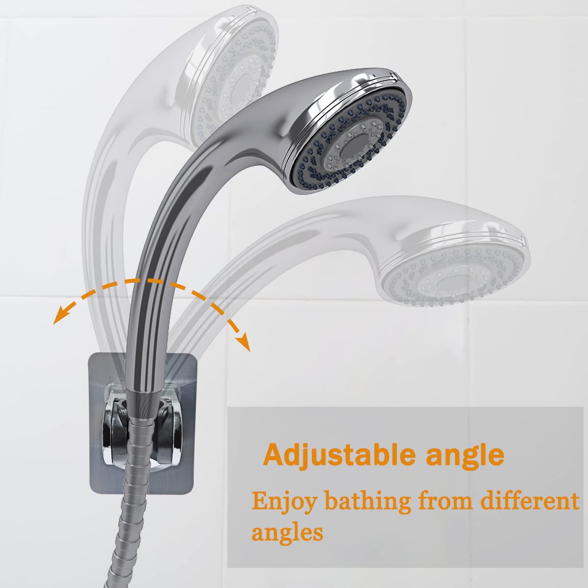 1Pcs Strong Adhesive Waterproof Shower Head Stand, Self Adhesive Shower Head Holder, Adjustable Handheld Shower Holder NO Drilling Wall Mount Waterproof for Shower Room, Chrome