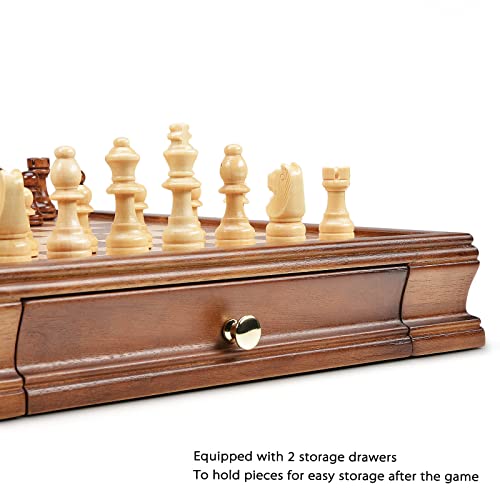 AMEROUS 12.8" x 12.8" Magnetic Wooden Chess Set with 2 Built-in Storage Drawers - 2 Bonus Extra Queens - Gift Packaging - Staunton Chess Pieces, Board Games Chess Sets for Adults and Kids