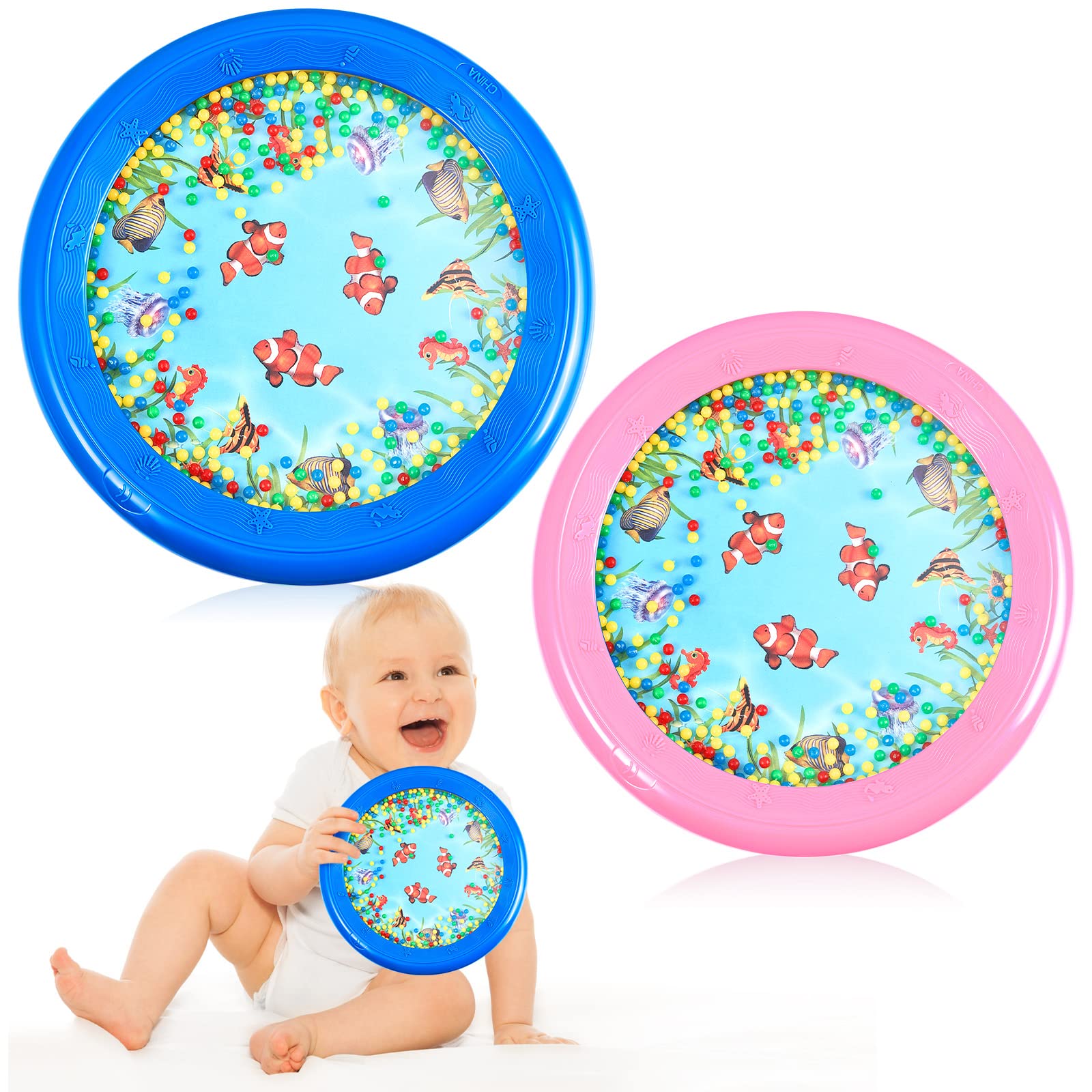 2 Pcs Ocean Drum Wave Bead Drum Wave Drum Ocean Sound Drum Gentle Sea Sound Music Gift Educational Sea Sound Drum Tool Percussion Instruments Drum for Christmas, Pink and Blue, 7 Inch 8 Inch