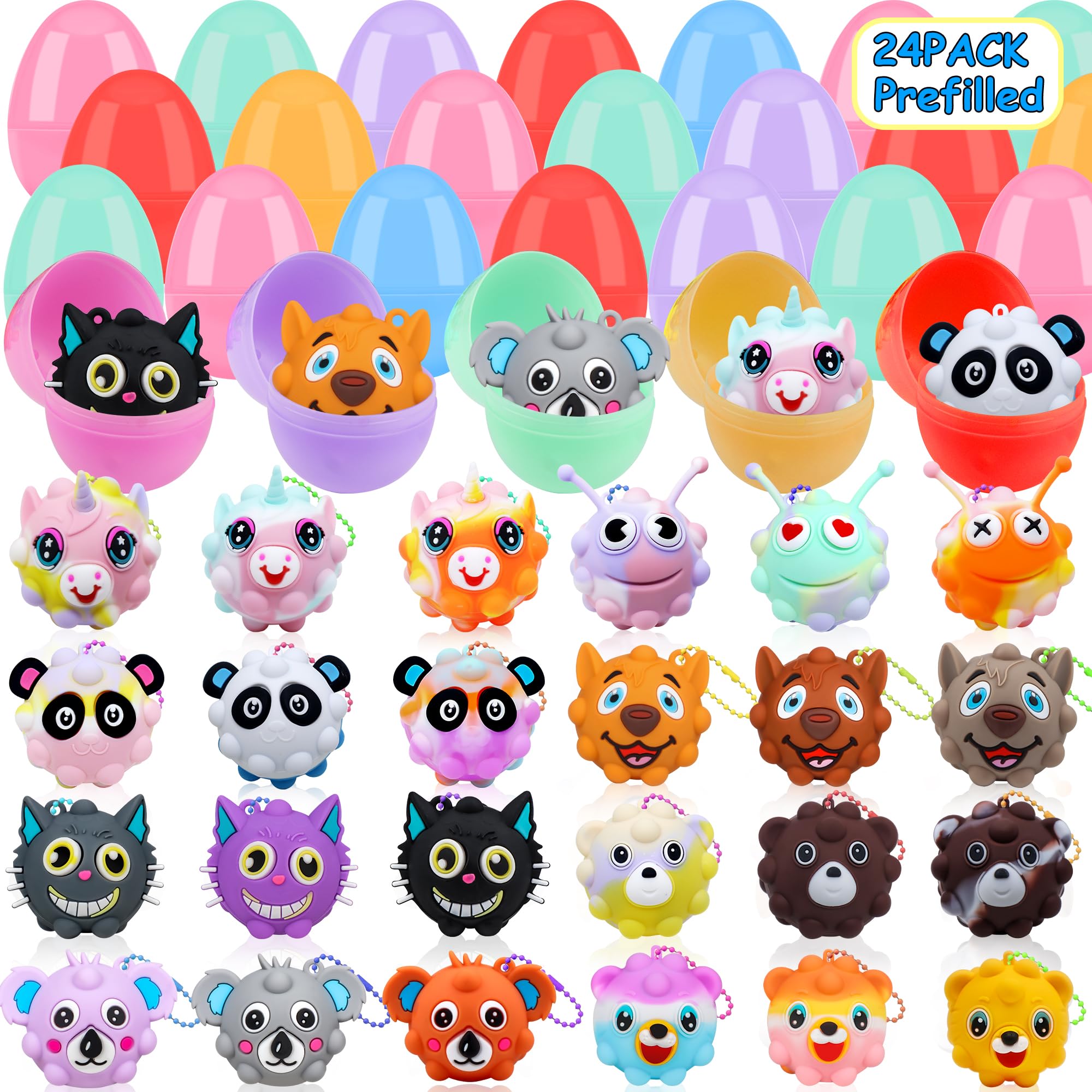 24 PCS Prefilled Easter Eggs with Toys Inside, Jumbo Easter Eggs Filled Pop Balls Perfect for Easter Egg Hunt Easter Baskets Stuffers for Kids Easter Gifts Easter Party Favors