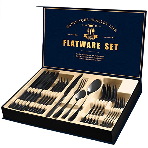 Black Silverware Set,24-Piece Stainless Steel Flatware Service for 6, Mirror Finish Cutlery Set with Gift Box (Black)