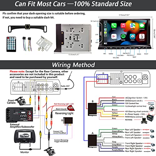 7 Inch Double Din Car Stereo Support Apple CarPlay Android Auto Mirror Link Capacitive Touchscreen Monitor Car Play Radio with Bluetooth 5.0, FM Radio, USB/TF/AUX Port, Backup Camera, Remote Control
