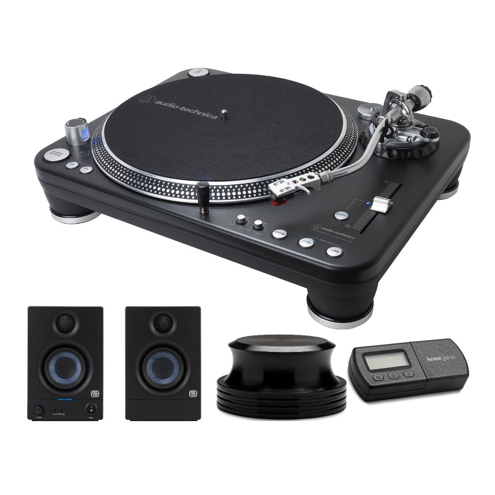 Audio-Technica ATLP1240USBXP Professional DJ Turntable Bundle with Presonus Eris 3.5 3.5-Inch Low-Frequency Driver Media Reference Monitors, Knox Stabilizer and Stylus Scale (4 Items)
