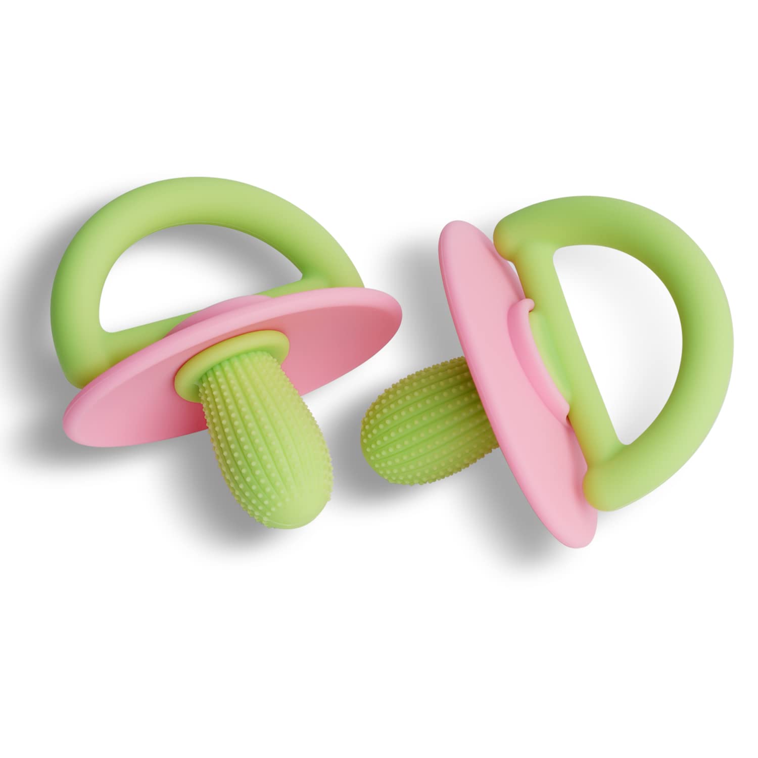 2 Pack Silicone Pacifier Teether, Baby Pacifier Chew Toys, Hands-Free Teething Toys for Babies 0-6, 6-12 Month, Teething Relief Pacifier, Freezable & Chewable Soothes Sore Gums. (2 Pink)