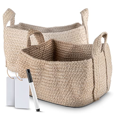 Bikcu - Woven Baskets for Storage [Set of 2] - Natural Cotton Rope Jute Baskets for Organizing - Storage Basket with Name Tags and Marker - Rope Basket with Handles - Small Baskets for Organizing