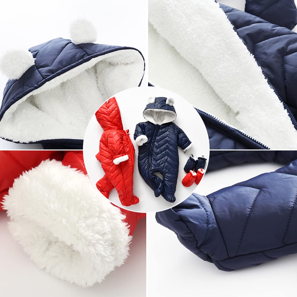 Bafeicao Baby Boy Girl Winter Hooded Snowsuit Romper Zipper Padding Bodysuit Infant Puffer Jacket with Gloves 9-12 Months, Navy Blue