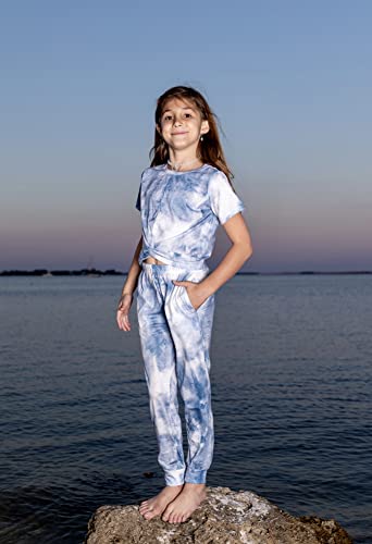 Arshiner Tie Dye Jogger Sets for Girls Casual Twist Front Tops & Pants Set Dusty Blue 8-9 Years Old