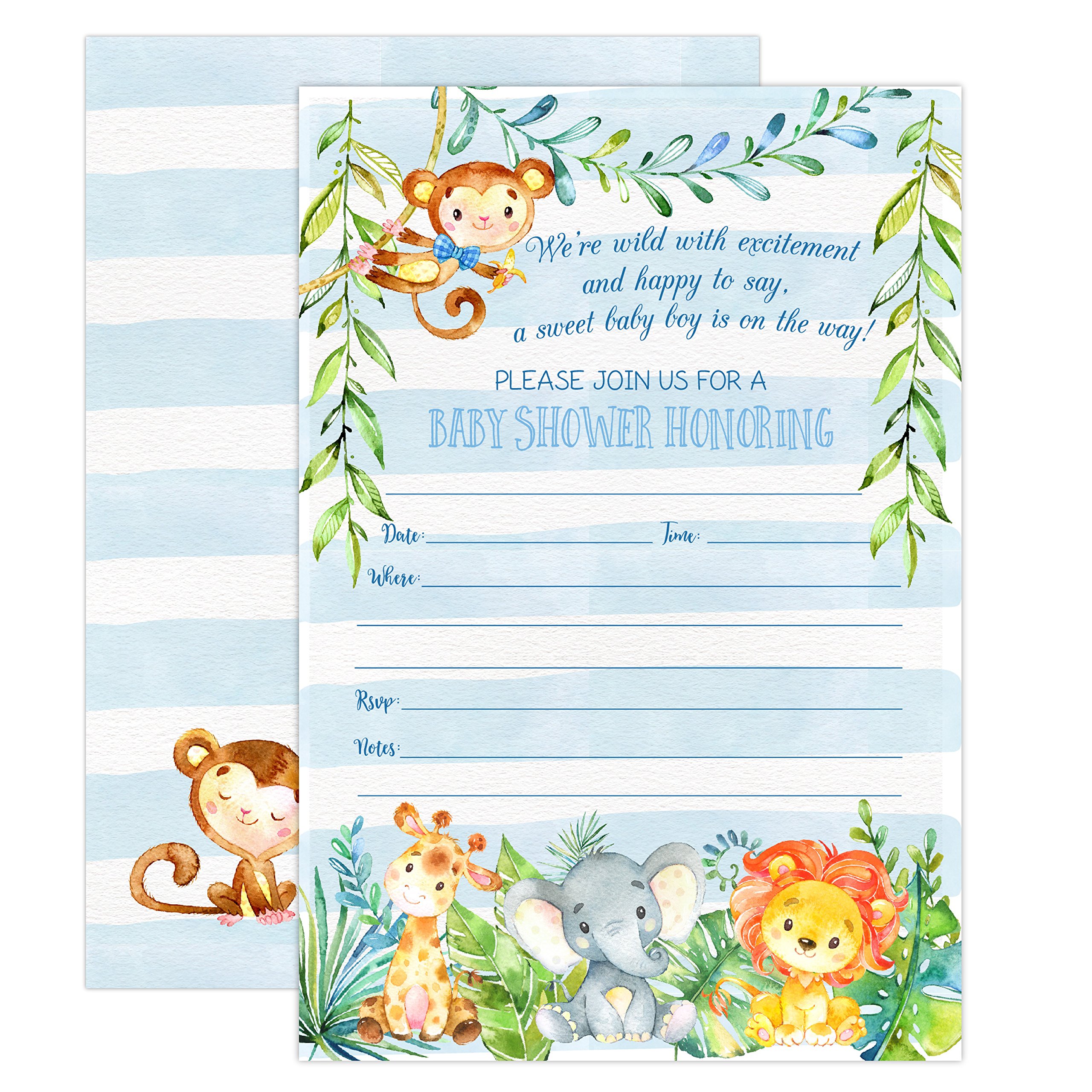 Boy Jungle Safari Baby Shower Invitations - Safari Animal Invitation - 20 Fill-In Invitations - Blue Boy Baby Shower Party - Monkey, Lion, Elephant, Giraffe - Envelopes Not Included