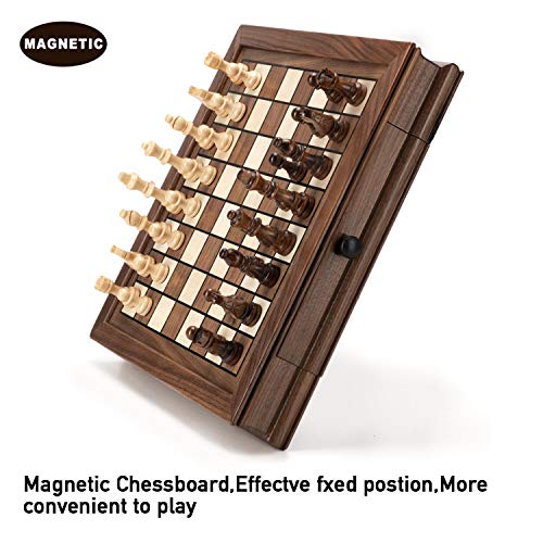 AMEROUS Magnetic Wooden Chess Set, 12.8" x 12.8" Chess Board Game with 2 Built-in Storage Drawers - 2 Bonus Extra Queens - Chess for Beginner, Kids and Adults, Gift Packaging
