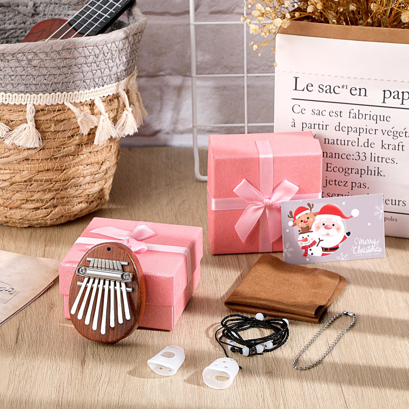 2 Set 8 Keys Mini Thumb Piano Include 2 Music Sheet 2 Christmas Card 2 Lanyard Chain 2 Cleaning Cloth 4 Finger Protector with 2 Gift Box for Kids and Adult Beginners Gift(Pink)