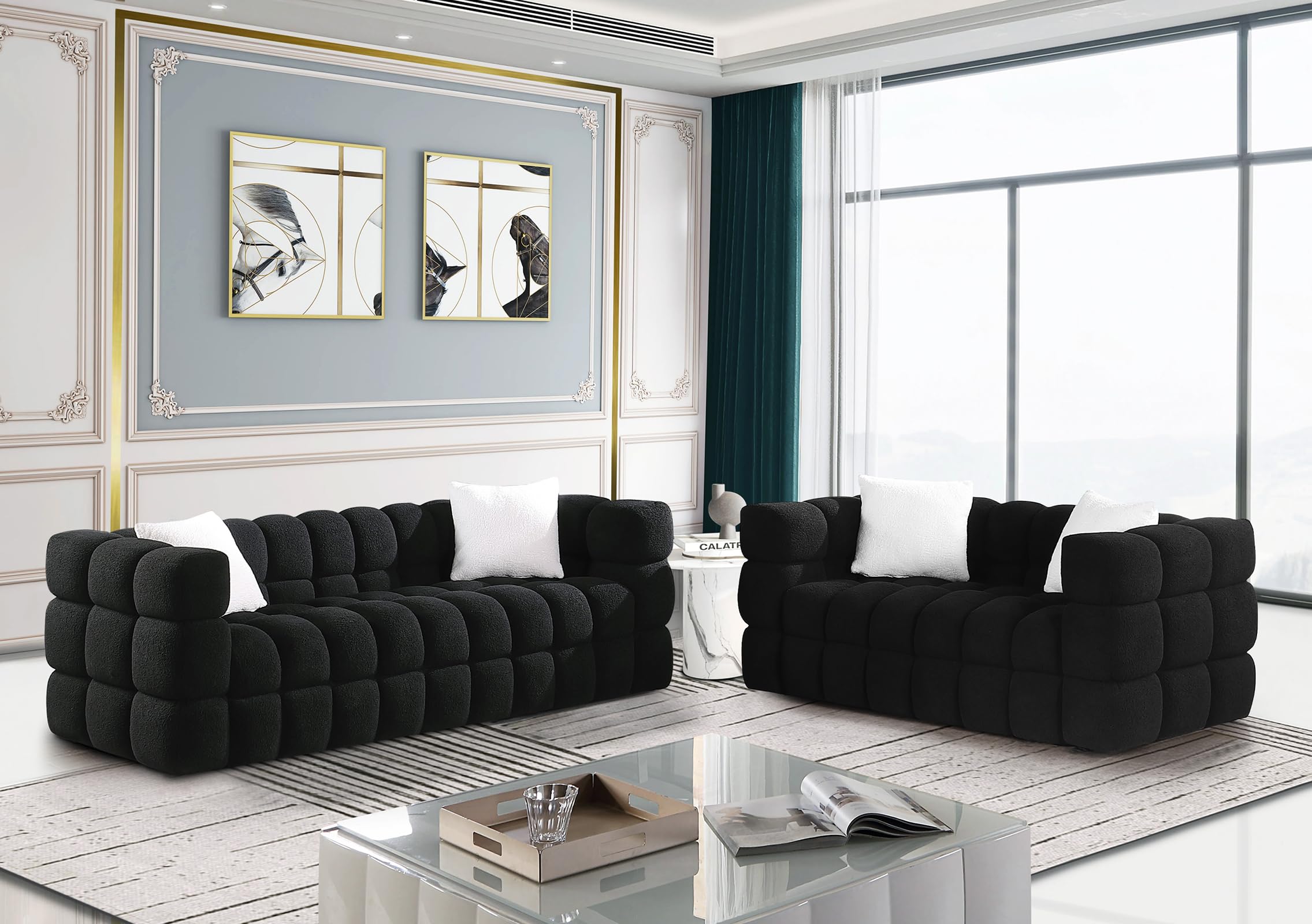 84.3" 3 Seater Modern Sofa Couch, Comfy Upholstered Living Room Sofa with 2 Pillows, Comfy Boucle Sofa with Solid Metal Legs, Contemporary Furniture Tufted Cloud Couch for Waiting Room, Office, Black