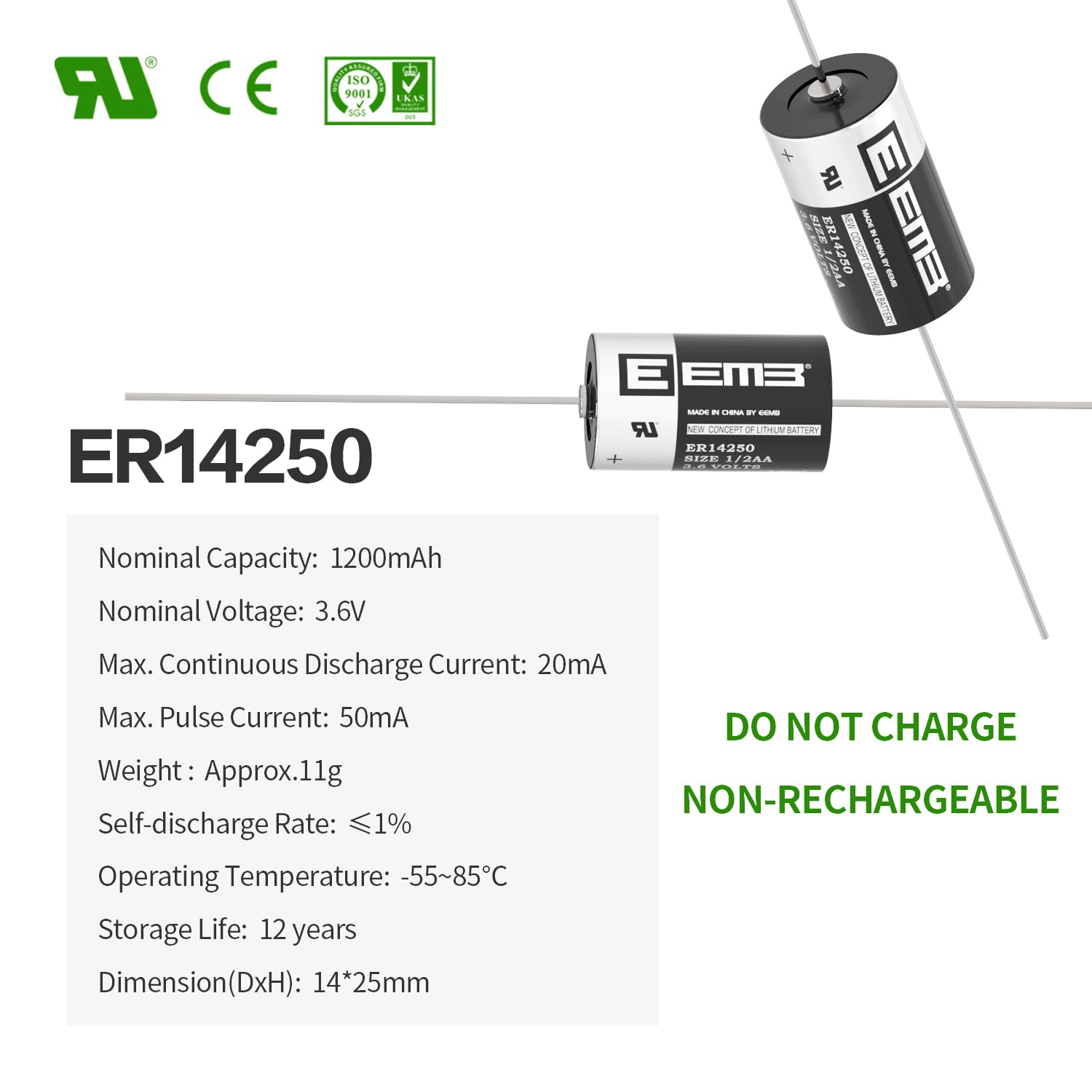 EEMB 50Pack ER14250 1/2AA 3.6V Lithium Battery with AX Solder Tabs Li-SOCL₂ Non-Rechargeable Battery XL-050F SB-AA02 LS14250 TL-5902 TL-2150 for Slot Machine/Game chip Board