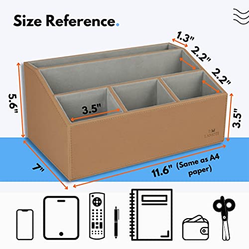 LAMOTI Leather Desk Organizer with a 4" Coaster, Large Capacity 5 Compartments Desktop Unifier, Handcrafted (Black)