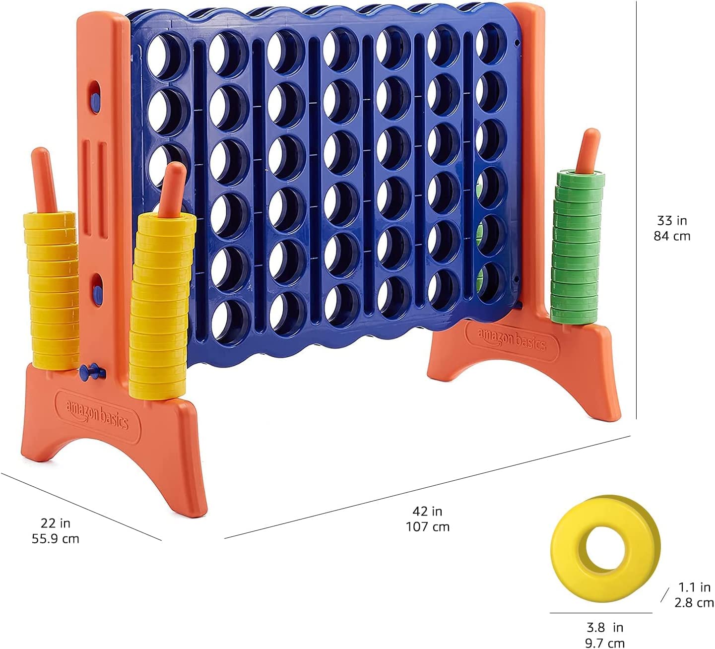 Amazon basics Giant BPA-Free 4-In-A-Row Premium Plastic Game Set with Carrying Bag, Great for Gifting, Blue, Yellow, Red, Green