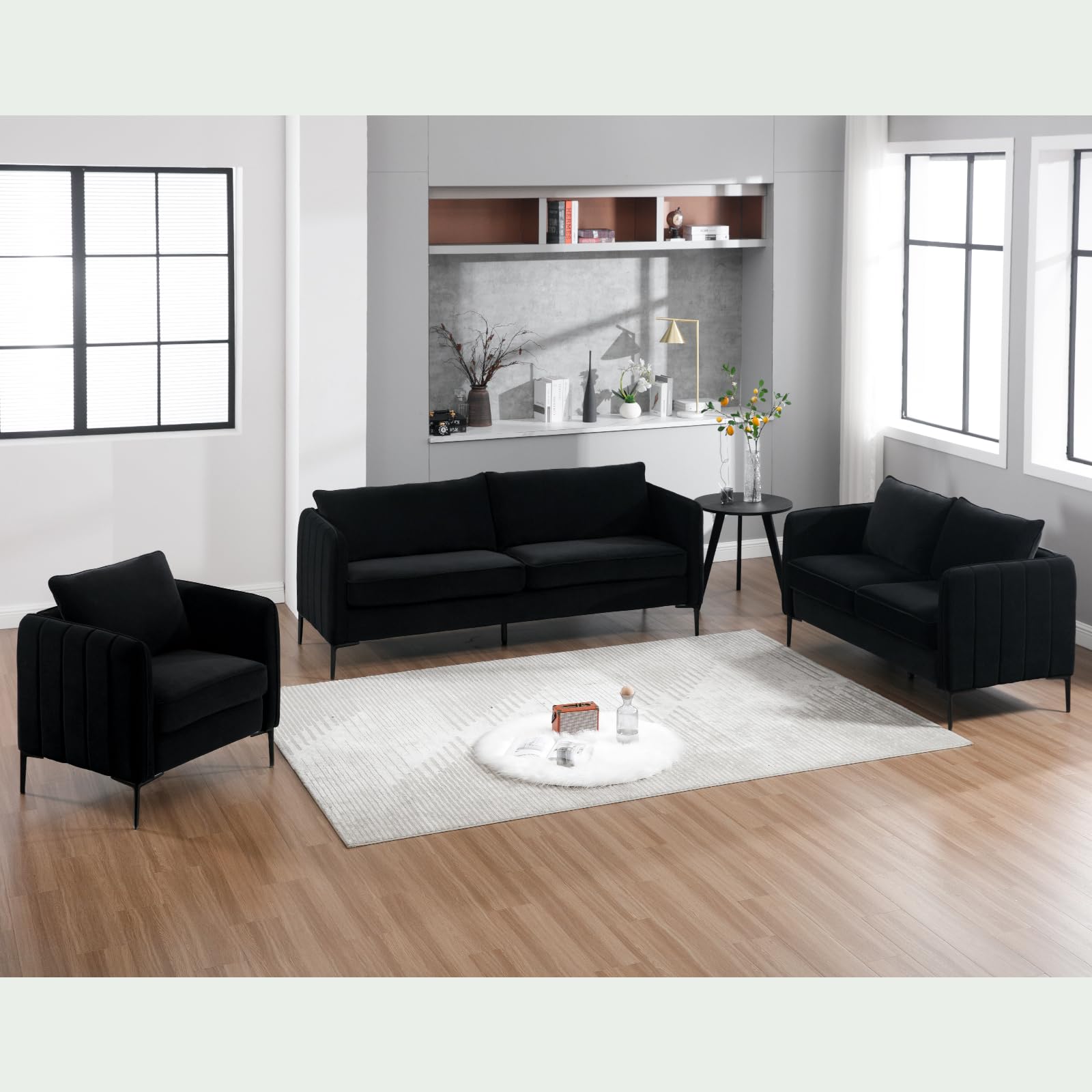 85 Inch Velvet Sofa, Mid Century Modern Comfy Upholstered Sofa Couch with Metal Legs 3 Seater Sofa High-Density Foam and 6.3 Inch Extra Thick Cushion Couch for Living Room Apartment(Black)