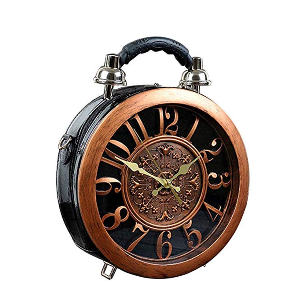 Alarm Clock Handbag Real Working Women Fashion Diagonal Shoulder Bag Leather Vintage Clock Round Box Personalized SteamPunk Style Messenger bag (A)