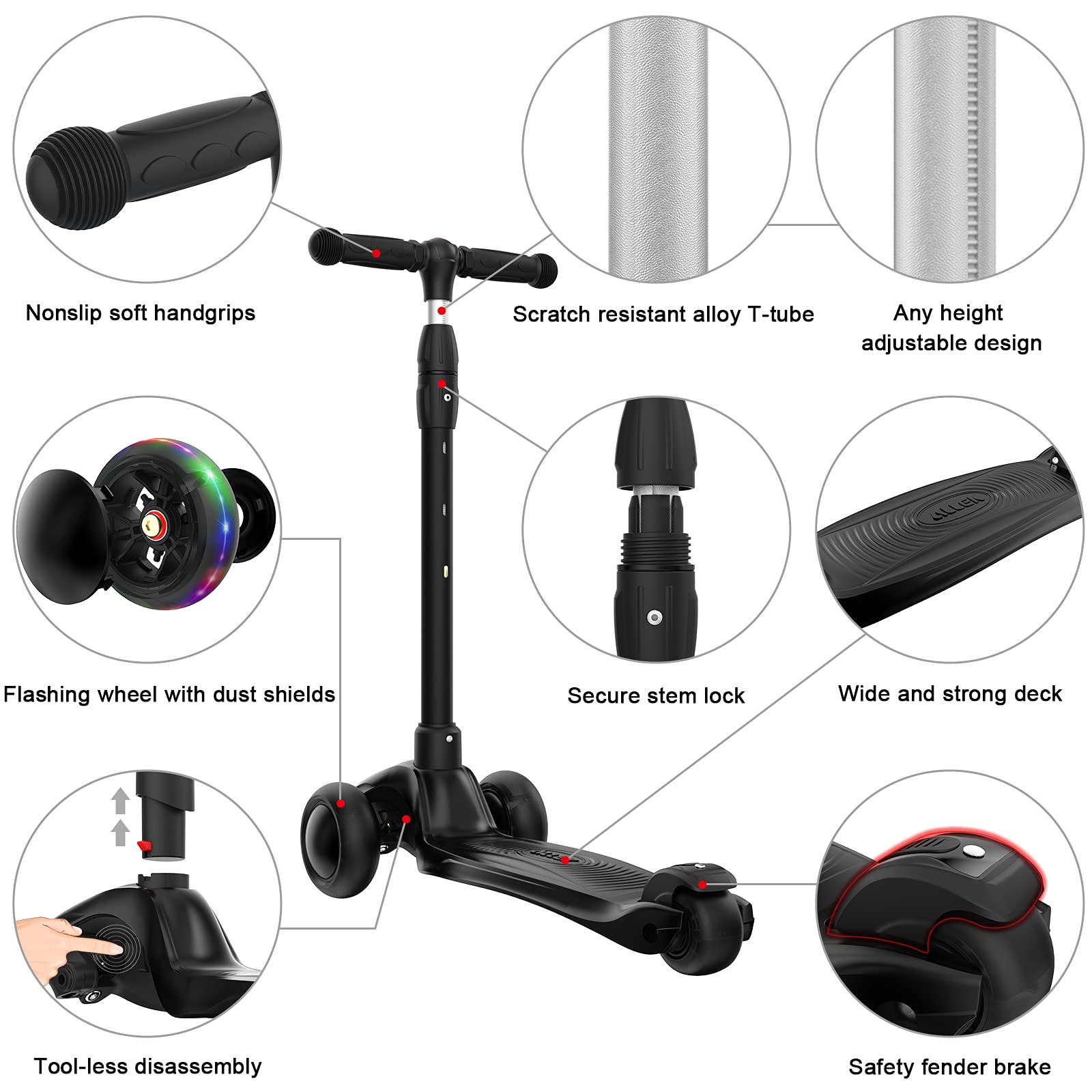 Allek Kick Scooter B03, Lean 'N Glide 3-Wheeled Push Scooter with Extra Wide PU Light-Up Wheels, Any Height Adjustable Handlebar and Strong Thick Deck for Children from 3-12yrs (Black)