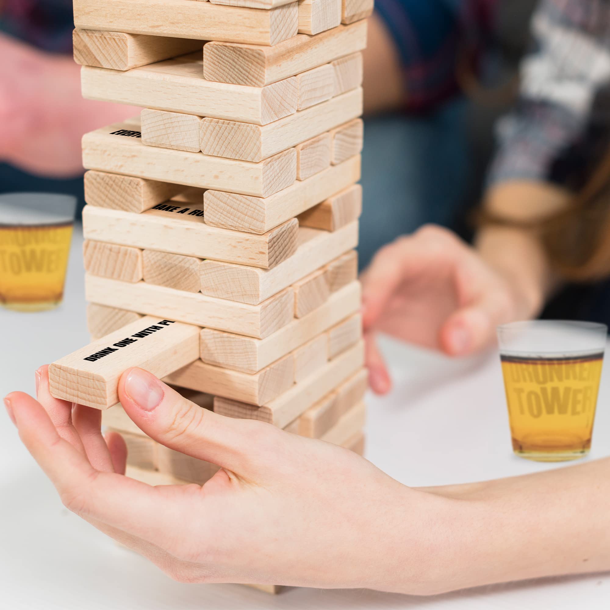 ArtCreativity Tumbling Tower Drinking Game, Drinking Game with 4 Glasses and 60 Wooden Blocks with Challenges, Fun House Party Games for Game Night, Great Gift Idea