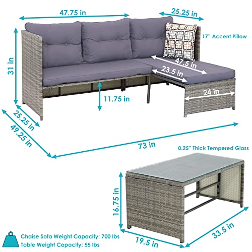 Sunnydaze Longford Outdoor Patio Sectional Sofa Set - Backyard Resin Rattan Chaise Lounge Furniture with Coffee Table and Thick Cushions - Conversation Set - Charcoal Cushions