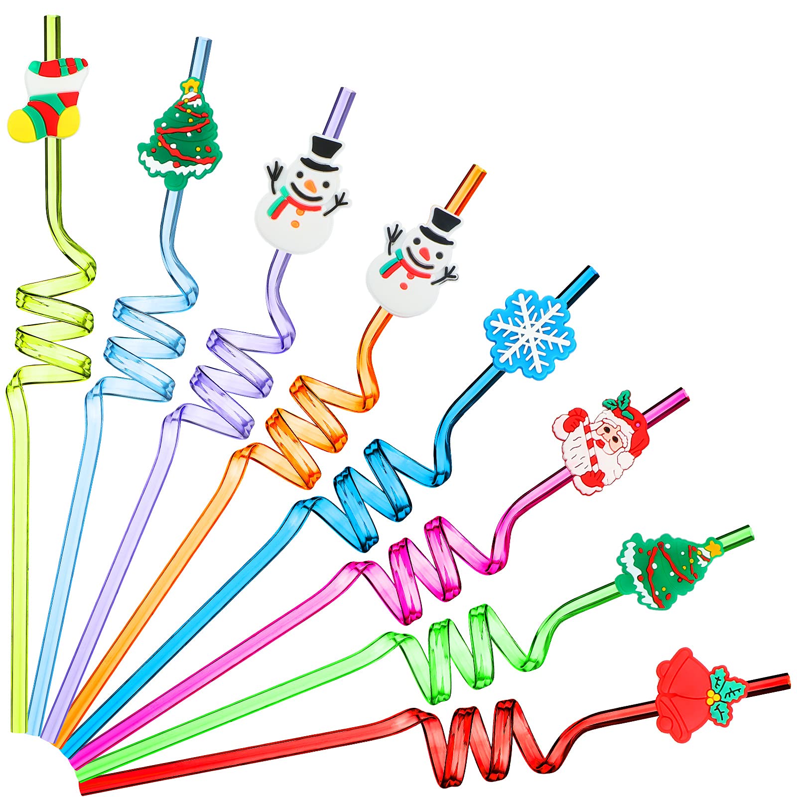 24 Pieces Christmas Drinking Straws Reusable Xmas Theme Party Plastic Straw, Santa Claus Snowman Christmas Tree Baby Shower Colorful Cartoon Straws for Christmas Birthday Party Favors, 8 Styles