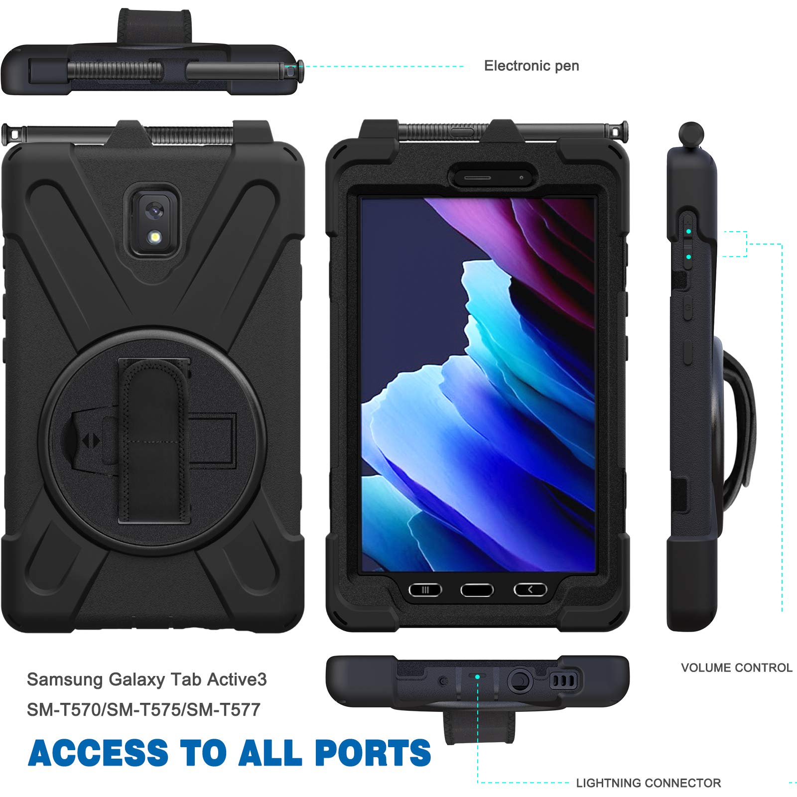 Rantice Samsung Galaxy Tab Active3/Active5 8.0 Case, with 360 Stand, Handle Hand Strap & Shoulder Strap for Samsung Galaxy Tab Active5 8" 2024, Active3 8" 2020 SM-X300/X307/T570/T577 (Black)