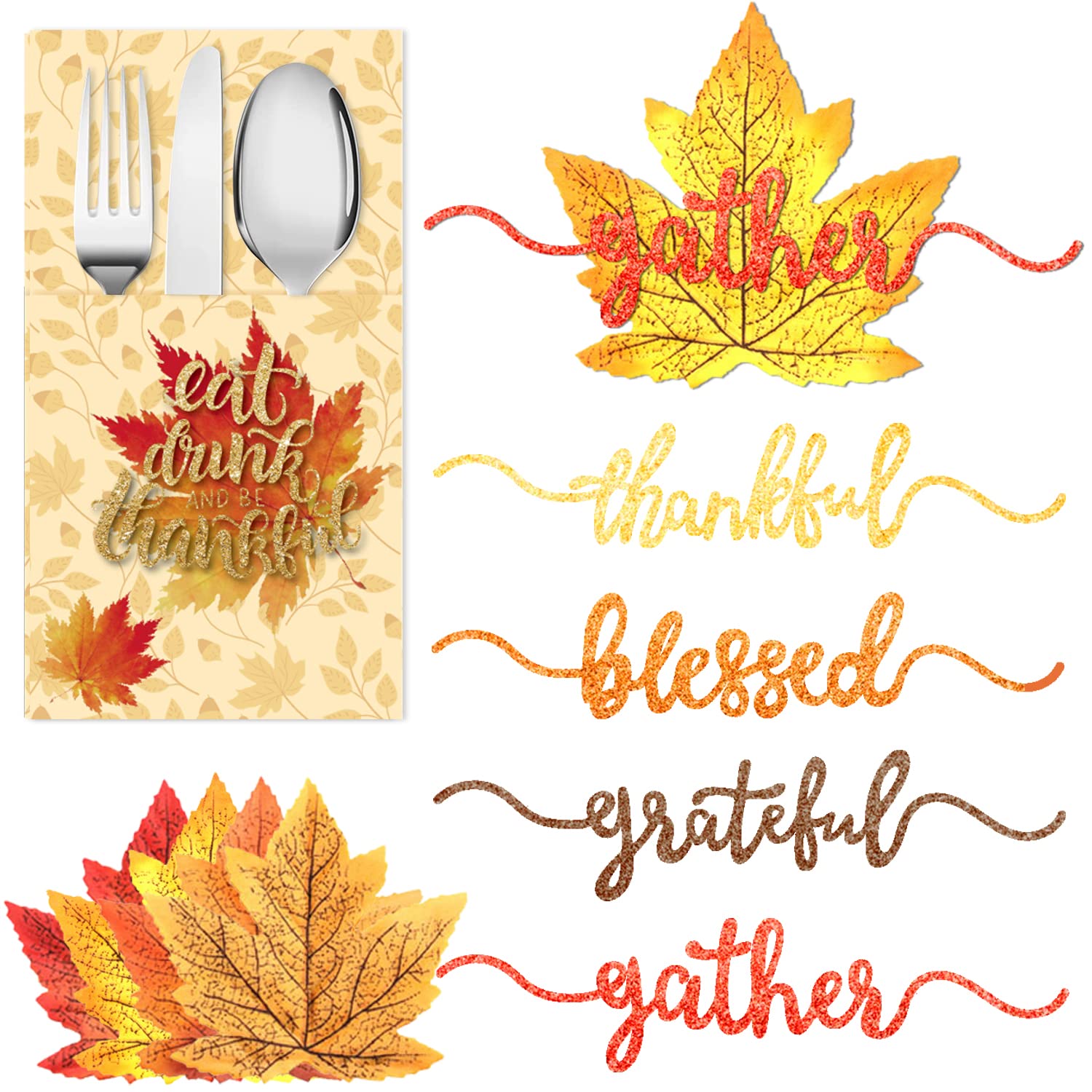 60PCS Thanksgiving Table Decor,20 Thanksgiving Cutlery Holder 20 Thankful Words Cutout Card Decor Glitter Table Place Card 20 Maple Leaf Placemats Decorations for Thanksgiving Turkey Utensil Décor