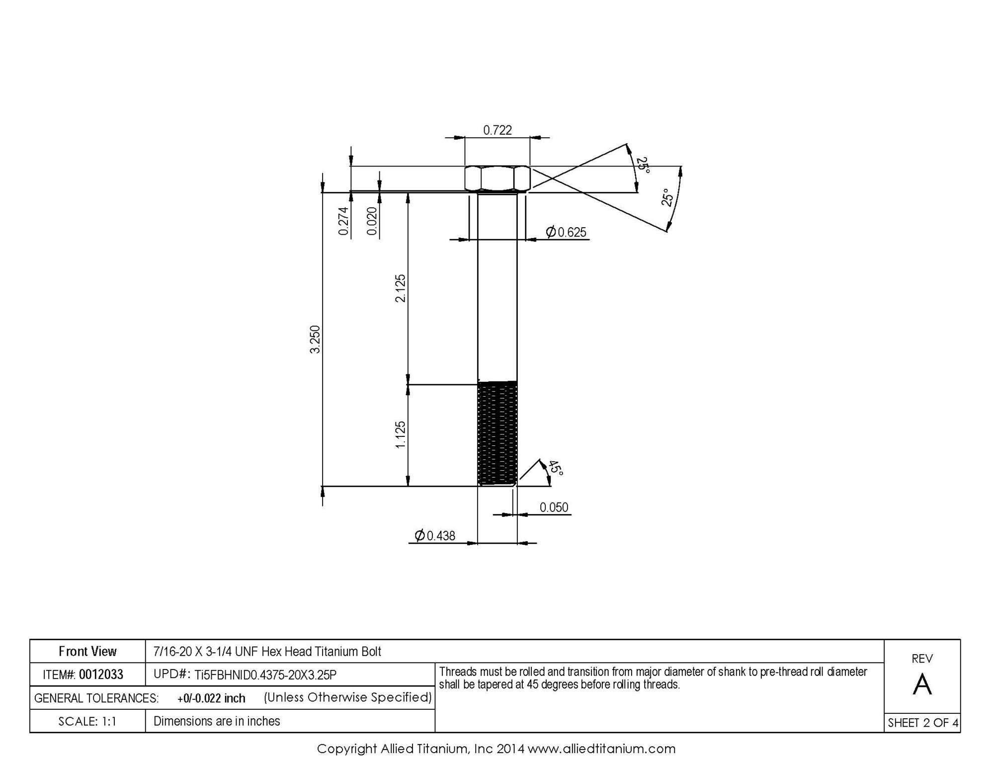 Allied Titanium 0012033, (Pack of 2) 7/16-20 X 3-1/4 UNF Titanium Hex Head Bolt, Grade 5 (Ti-6Al-4V)