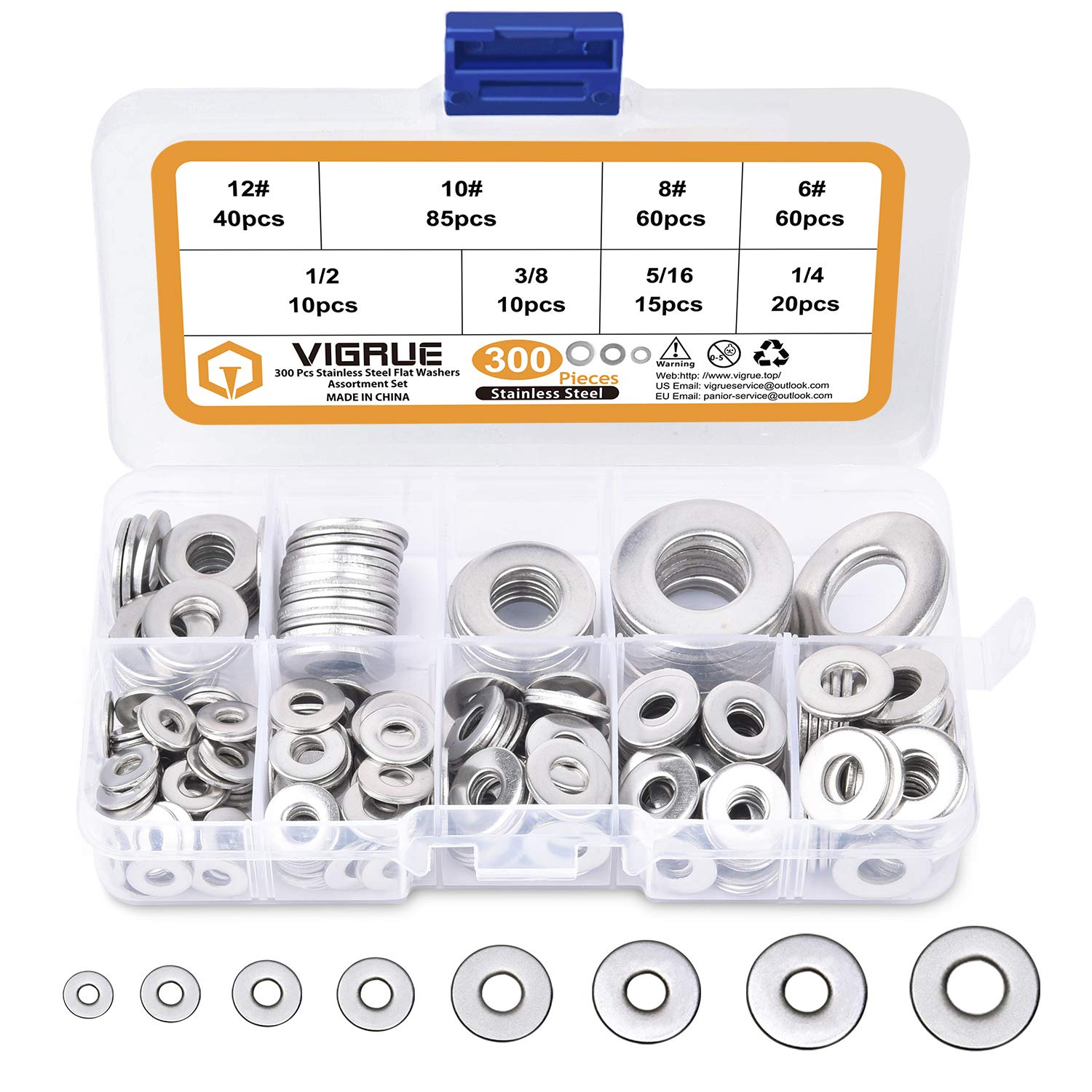 VIGRUE 304 Stainless Steel Flat Washers Assortment Washers Hardware Set 300pieces,8Sizes 1/2" 3/8" 5/16" 1/4" 12# 10# 8# 6#