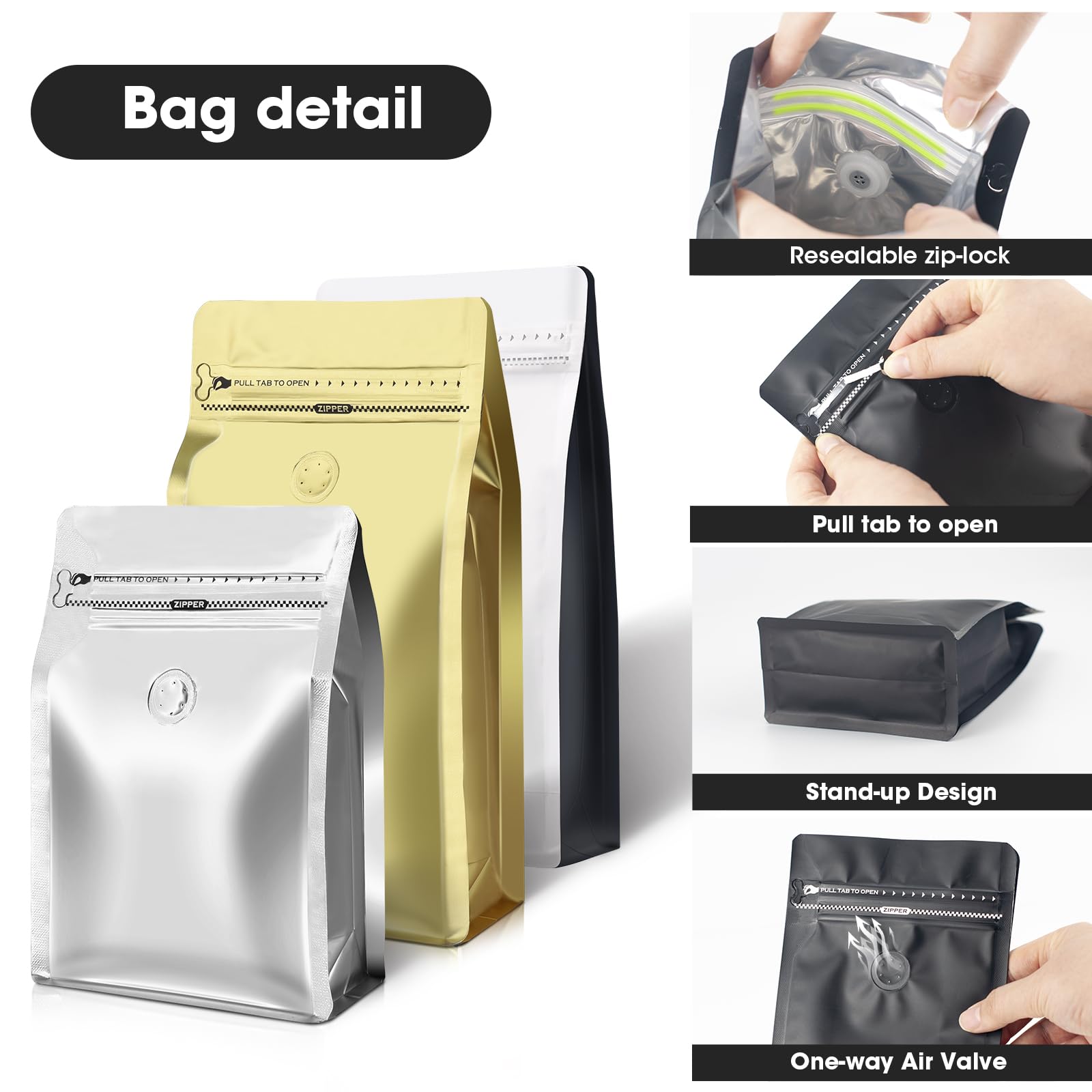 8oz 1/2 lb 60pcs Coffee Bags with Valve,Coffee Packing Bags Vented Coffee Bean Bags Barrier Bags Store Bags for Coffee Packaging, Coffee Storage Pouches Coffee Bag Zipper with Seal(Black)
